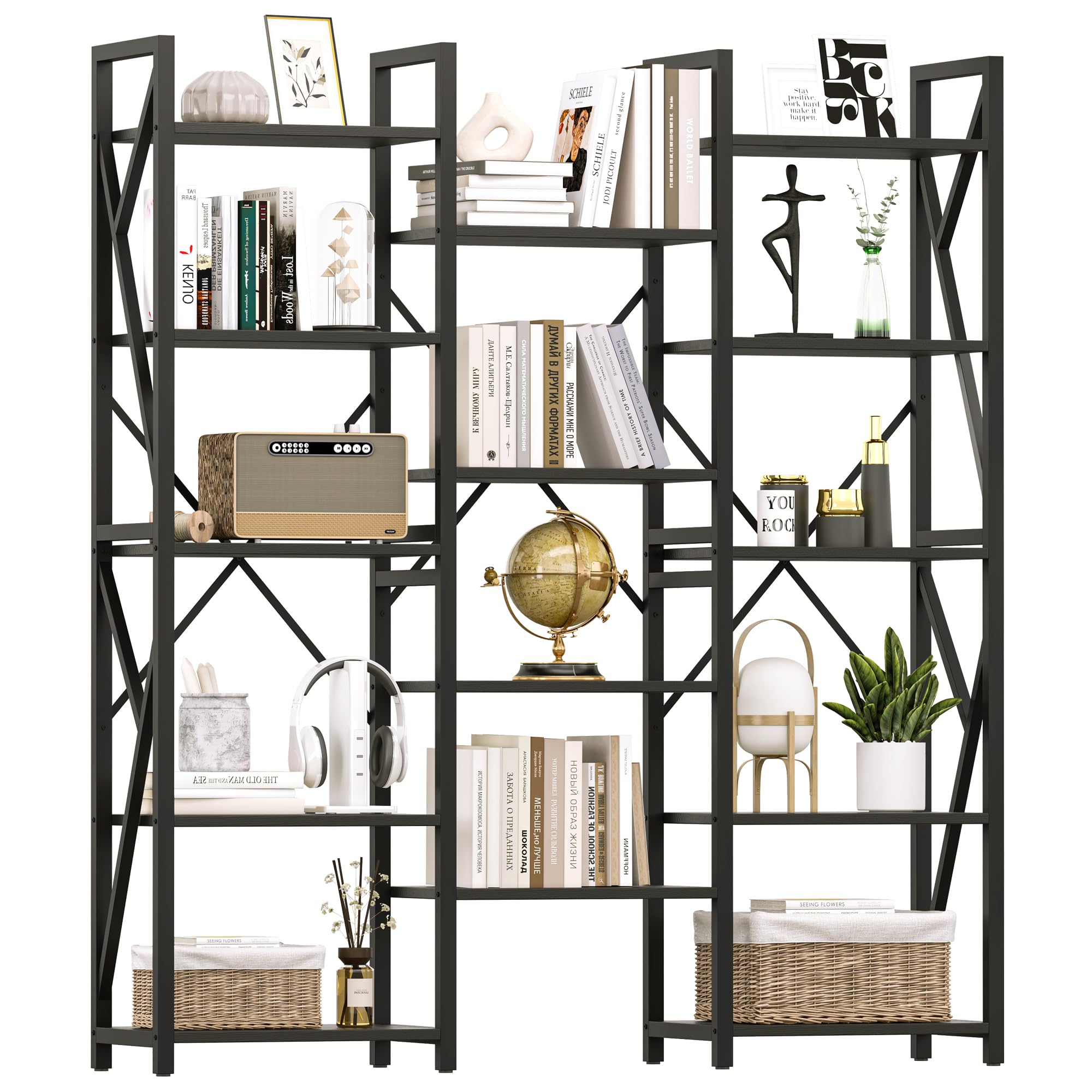 GAOMON Triple Wide 5 Tier Book Shelf, 70.8” Tall Bookcase with 14 Open Shelves, Large Industrial Bookshelves and Bookcases with Metal Frame for Home Office, Study Room, Living Room-Black