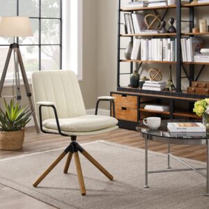 Art Leon Desk Chair No Wheels, Mid Century Modern Swivel Accent Chair with Oak Wood Legs, Faux Leather Armchair for Small Spaces Home Office Living Room Bedroom, Off White