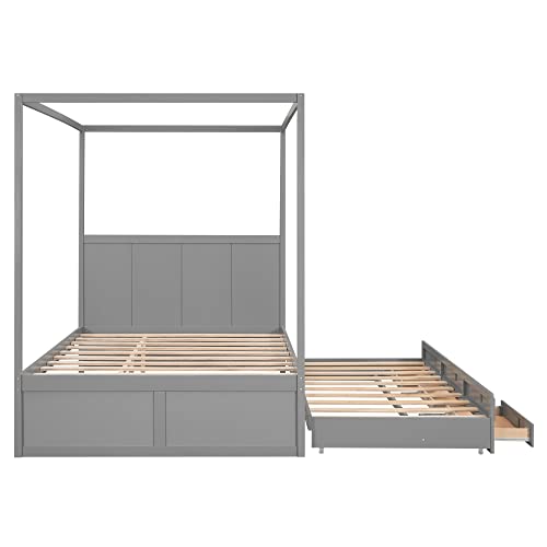 BOVZA Queen Size Canopy Platform Bed with Twin Trundle and 3 Storage Drawers, Wood Daybed Frames for Kids Teens Boys Girls,Gray