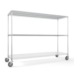 3 tier nsf wire shelf shelving unit, 24 x 72 x 62 inch 3000lbs capacity heavy duty adjustable storage rack with 5in wheels and shelf liners and extensible designs large utility storage rack - chrome