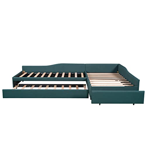 RORIGAT L-Shaped Upholstered Double Twin Size Daybed with Trundle and Drawer for Kids Boys Girls Student, Green