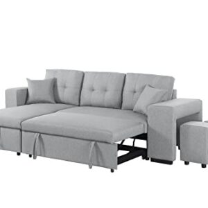 ERYE L-Shaped Reversible Sleeper Sectional Sofa W/Pull Out Couch Bed, Storage Chaise & Niche Shelves for Living Room, Modern Linen Upholstered Sofa&Couch Convertible Sleep Sofabed with 2 Stools