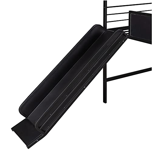 BOVZA Twin Size Metal House Loft Bed with Slide and Roof, Multifunctional Loftbed Frame with Two-Sided Writable Wooden Board, Black