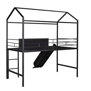 BOVZA Twin Size Metal House Loft Bed with Slide and Roof, Multifunctional Loftbed Frame with Two-Sided Writable Wooden Board, Black