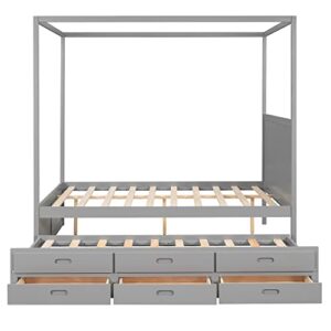 BOVZA Queen Size Canopy Platform Bed with Twin Trundle and 3 Storage Drawers, Wood Daybed Frames for Kids Teens Boys Girls,Gray