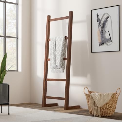 SIMPLIHOME Bray Solid Acacia Wood Contemporary Bath Towel and Blanket Ladder Shelf, 23 inch, Natural Walnut