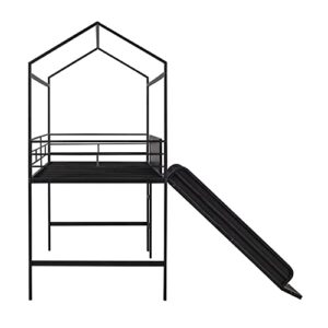 BOVZA Twin Size Metal House Loft Bed with Slide and Roof, Multifunctional Loftbed Frame with Two-Sided Writable Wooden Board, Black