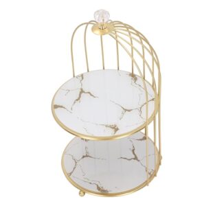 syrisora double layer storage shelf bird cage organizer display rack for bathroom countertop dressing table gold frame (white base gold pattern)