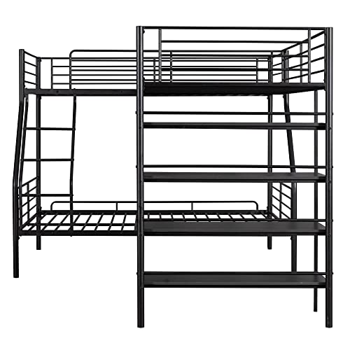 RORIGAT Metal L-Shaped Bunk Bed,Triple Bunk Beds for Kids,L-Shaped Metal Twin Over Full Bunk Bed and Twin Size Loft Bed with Four Built-in Shelves,for Three Kids Teens Boys Girls,Black