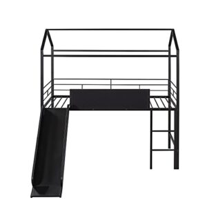 BOVZA Twin Size Metal House Loft Bed with Slide and Roof, Multifunctional Loftbed Frame with Two-Sided Writable Wooden Board, Black