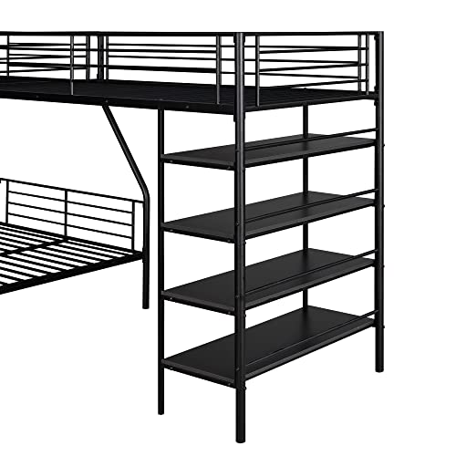 RORIGAT Metal L-Shaped Bunk Bed,Triple Bunk Beds for Kids,L-Shaped Metal Twin Over Full Bunk Bed and Twin Size Loft Bed with Four Built-in Shelves,for Three Kids Teens Boys Girls,Black