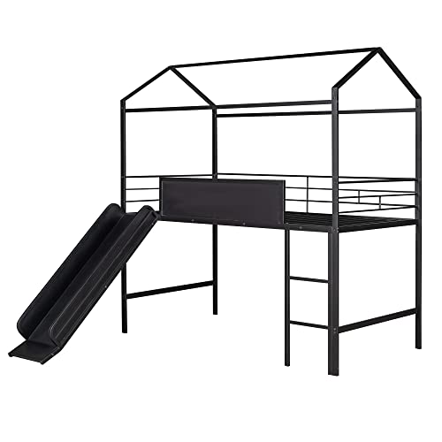 BOVZA Twin Size Metal House Loft Bed with Slide and Roof, Multifunctional Loftbed Frame with Two-Sided Writable Wooden Board, Black