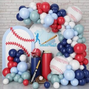 funhot baseball balloon arch garland kit, navy blue and red balloon garland with white balloons baseball foil balloons birthday party for men boys sports baseball graduation party decorations