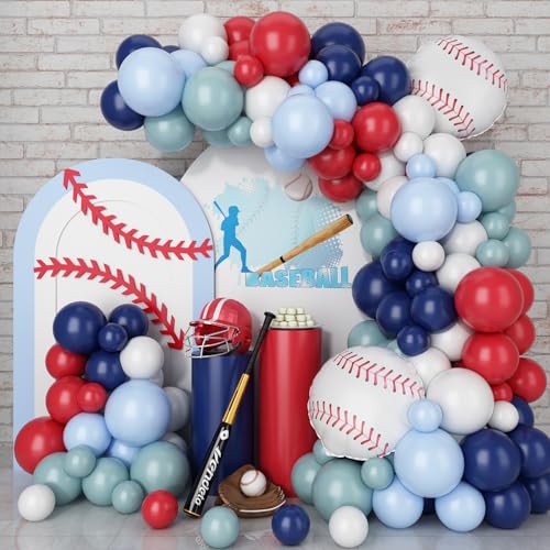 FunHot Baseball Balloon Arch Garland Kit, Navy Blue and Red Balloon Garland with White Balloons Baseball Foil Balloons Birthday Party for Men Boys Sports Baseball Graduation Party Decorations