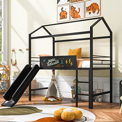 BOVZA Twin Size Metal House Loft Bed with Slide and Roof, Multifunctional Loftbed Frame with Two-Sided Writable Wooden Board, Black