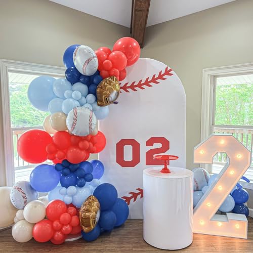 FunHot Baseball Balloon Arch Garland Kit, Navy Blue and Red Balloon Garland with White Balloons Baseball Foil Balloons Birthday Party for Men Boys Sports Baseball Graduation Party Decorations