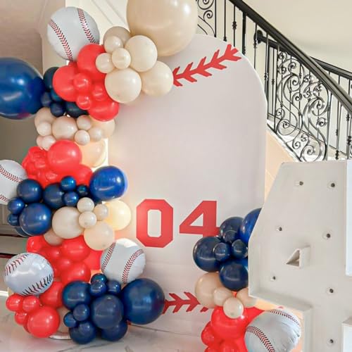 FunHot Baseball Balloon Arch Garland Kit, Navy Blue and Red Balloon Garland with White Balloons Baseball Foil Balloons Birthday Party for Men Boys Sports Baseball Graduation Party Decorations