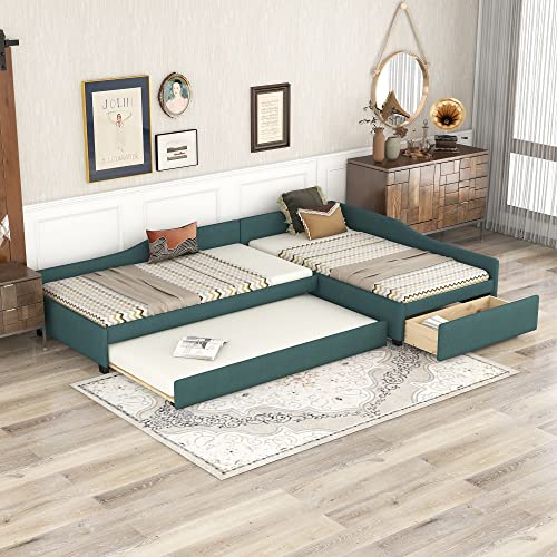 RORIGAT L-Shaped Upholstered Double Twin Size Daybed with Trundle and Drawer for Kids Boys Girls Student, Green