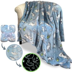 shark throw blanket: glow in the dark, cozy, soft, lightweight, warm, 50" x 60" fleece shark blanket for boys and girls with hammerhead, mako, blue, whale, and great white sharks! (blue)