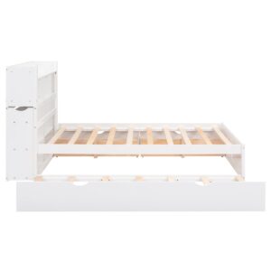 YOPTO Full Size Bed Frame with Storage Headboard with Charging Station,Wood Platform Bed with Twin Size Trundle,Pull Out Shelves and Drawers for Kids,Noise Free,No Box Spring Needed,White