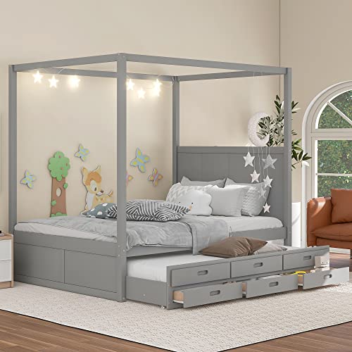 BOVZA Queen Size Canopy Platform Bed with Twin Trundle and 3 Storage Drawers, Wood Daybed Frames for Kids Teens Boys Girls,Gray