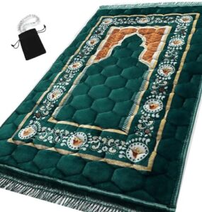 prayer rug muslim mat islamic - padded very thick prayer rug sajadah for men women with islam prayer beads for eid travel ramadan, soft and luxury (green dl)