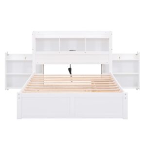 YOPTO Full Size Bed Frame with Storage Headboard with Charging Station,Wood Platform Bed with Twin Size Trundle,Pull Out Shelves and Drawers for Kids,Noise Free,No Box Spring Needed,White