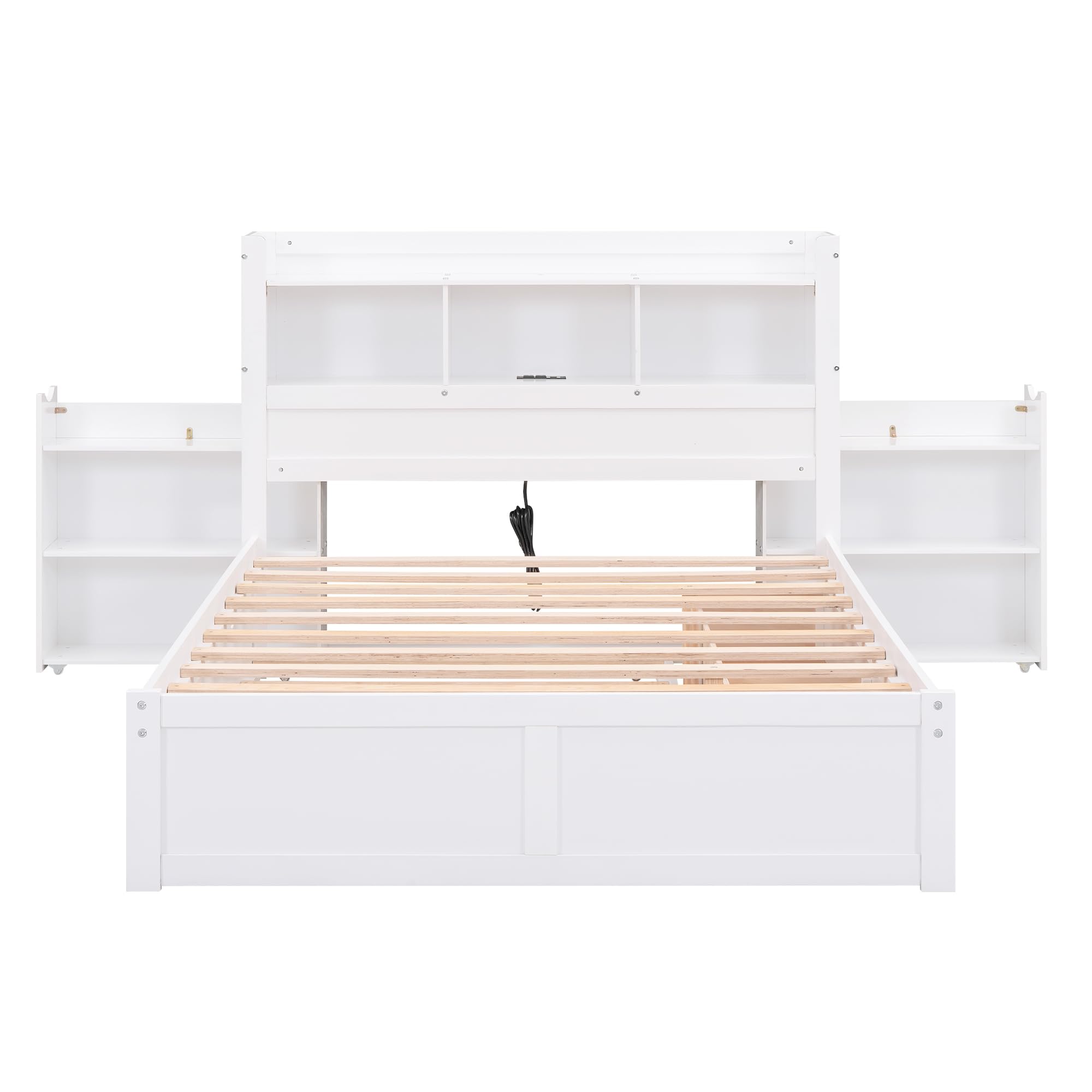 YOPTO Full Size Bed Frame with Storage Headboard with Charging Station,Wood Platform Bed with Twin Size Trundle,Pull Out Shelves and Drawers for Kids,Noise Free,No Box Spring Needed,White