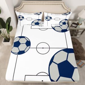 jejeloiu Football Sheet Set Queen Size Kids Football Court Sheets with Deep Pocket Fitted Sheet for Boys Girls Teens Soccer Ball Pattern Bed Sheets Set Breathable Sports Theme Bedding Set Room Decor