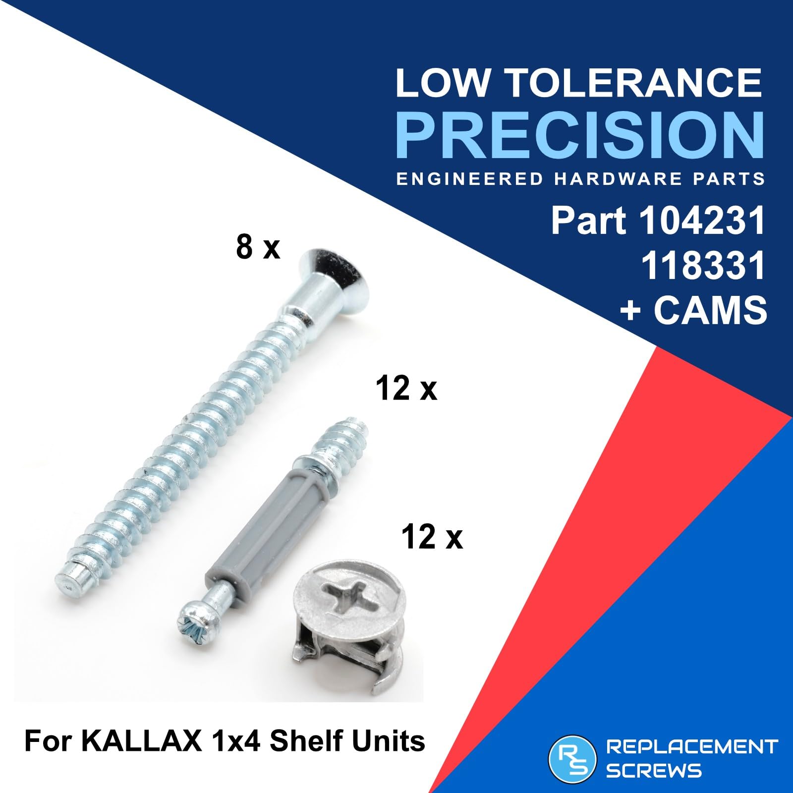 ReplacementScrews Hardware Kit Compatible with IKEA KALLAX 1 x 4 Shelf Units - All Screws (104321) Dowels (118331) & Metal Cams