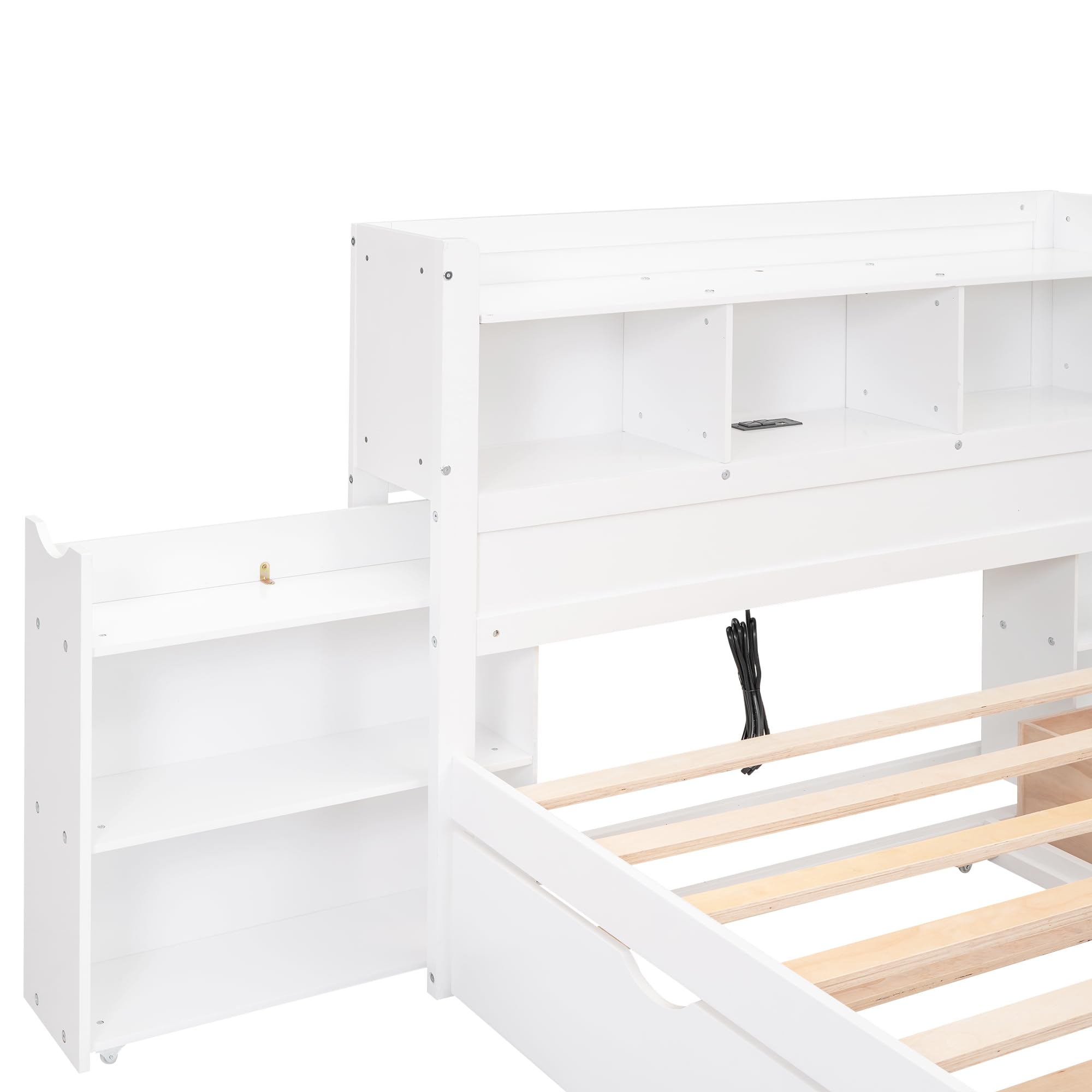 YOPTO Full Size Bed Frame with Storage Headboard with Charging Station,Wood Platform Bed with Twin Size Trundle,Pull Out Shelves and Drawers for Kids,Noise Free,No Box Spring Needed,White