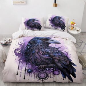 omersa crow duvet cover queen size set, gothic bedding bedroom decor, comforter cover & 2 pillowcases 3 pieces, home collection quilt cover