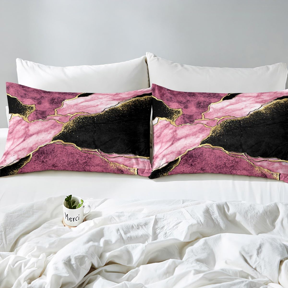 Erosebridal Pink Watercolor Bedding Set Queen for Girls Women Aesthetic Art Comforter Cover, Black Pink Marbling Bed Set Gold Metallic Duvet Cover, Rock Mountain Fluid Quilt Cover (Zipper Closure)