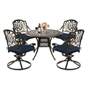 meetwarm 5-piece outdoor patio dining set, all-weather cast aluminum patio conversation set for backyard garden deck with 4 cushions swivel rocker chairs and 35.4" round table, navy blue