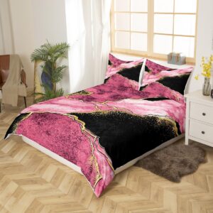 Erosebridal Pink Watercolor Bedding Set Queen for Girls Women Aesthetic Art Comforter Cover, Black Pink Marbling Bed Set Gold Metallic Duvet Cover, Rock Mountain Fluid Quilt Cover (Zipper Closure)