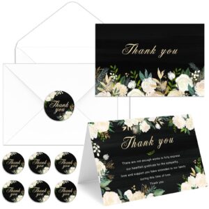 bybous 25 pack black funeral thank you cards with envelopes, 4×6in watercolor flowers sympathy bereavement thank you card on the inside for funeral memorial family loved ones celebration of life