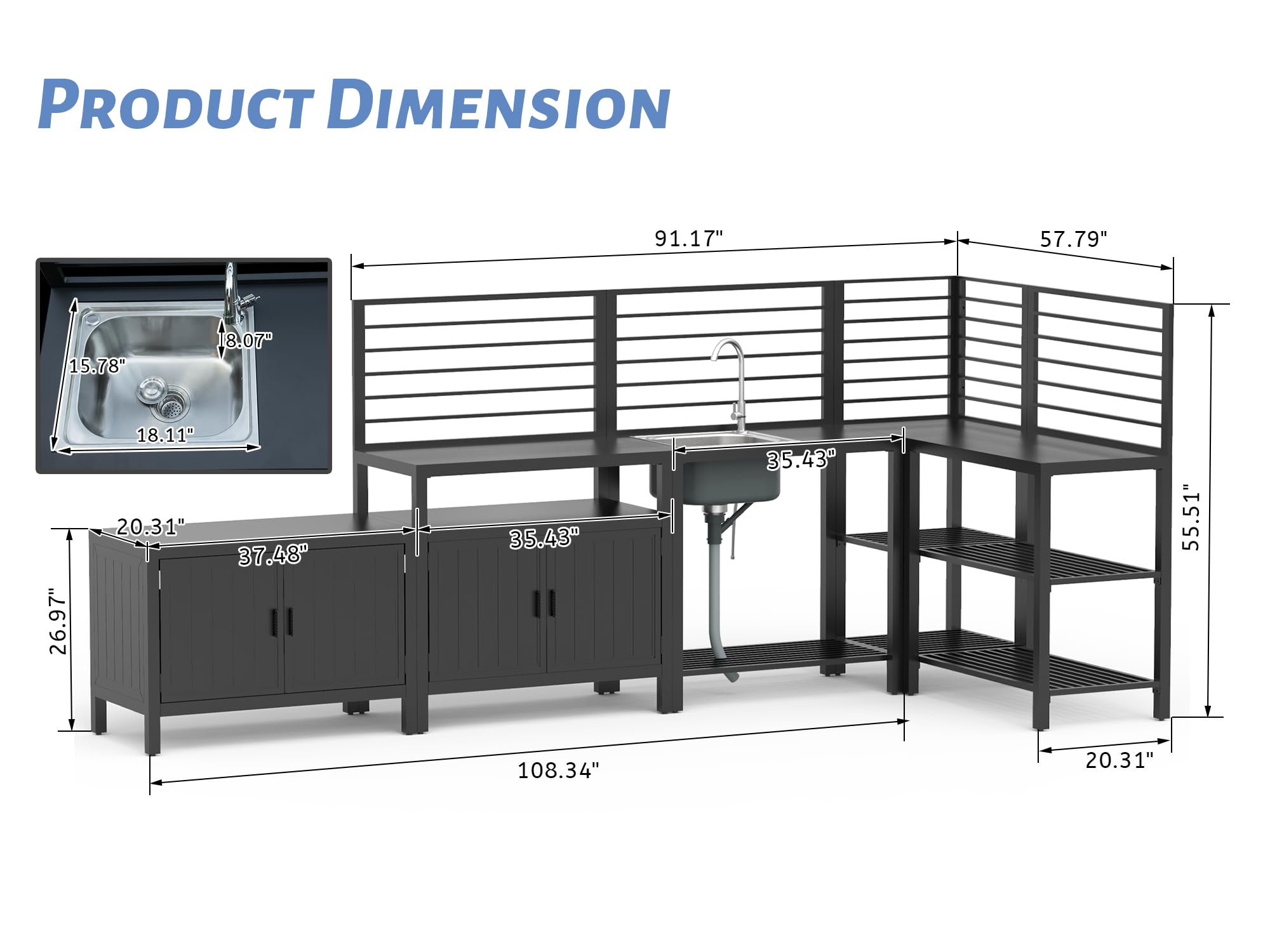 Domi 5-Piece Outdoor Kitchen Island with Storage, Aluminum Kitchen Islands Stainless Steel Sink w/Faucet, Corner Bar Storage Cabinet, Outdoor Kitchen with Protective Cover for Deck, Patio