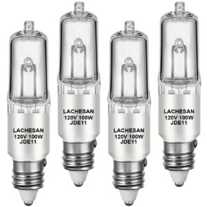 lachesan jde11 120v 100w, e11 halogen bulb（replacement e11 led bulb） t4 mini candelabra base, 2700k warm white dimmable for chandeliers, ceiling fan, table lamps, cabinet lighting, 4 pack