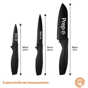 MasterChef Kitchen Knives Set of 3, Small Knife Set for Home Cooking, RV or Camping, Extra Sharp Cutting, Non Stick Coated Stainless Steel Blades & Soft-Touch Easy-Grip Handles, Black with Captions