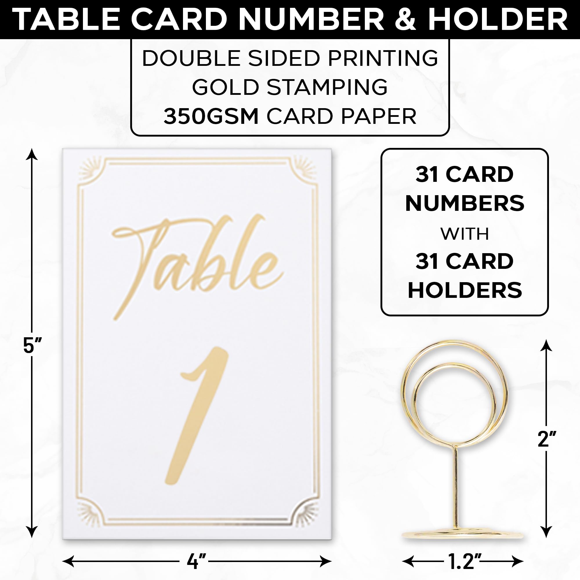 Gold Table Numbers 1-30 with Head Table Card & Table Number Holders - Elegant 4 x 6 Inch Place Seating Sign with Highly Visible Numbers for Wedding Reception, Restaurant, Anniversary, Birthday Party