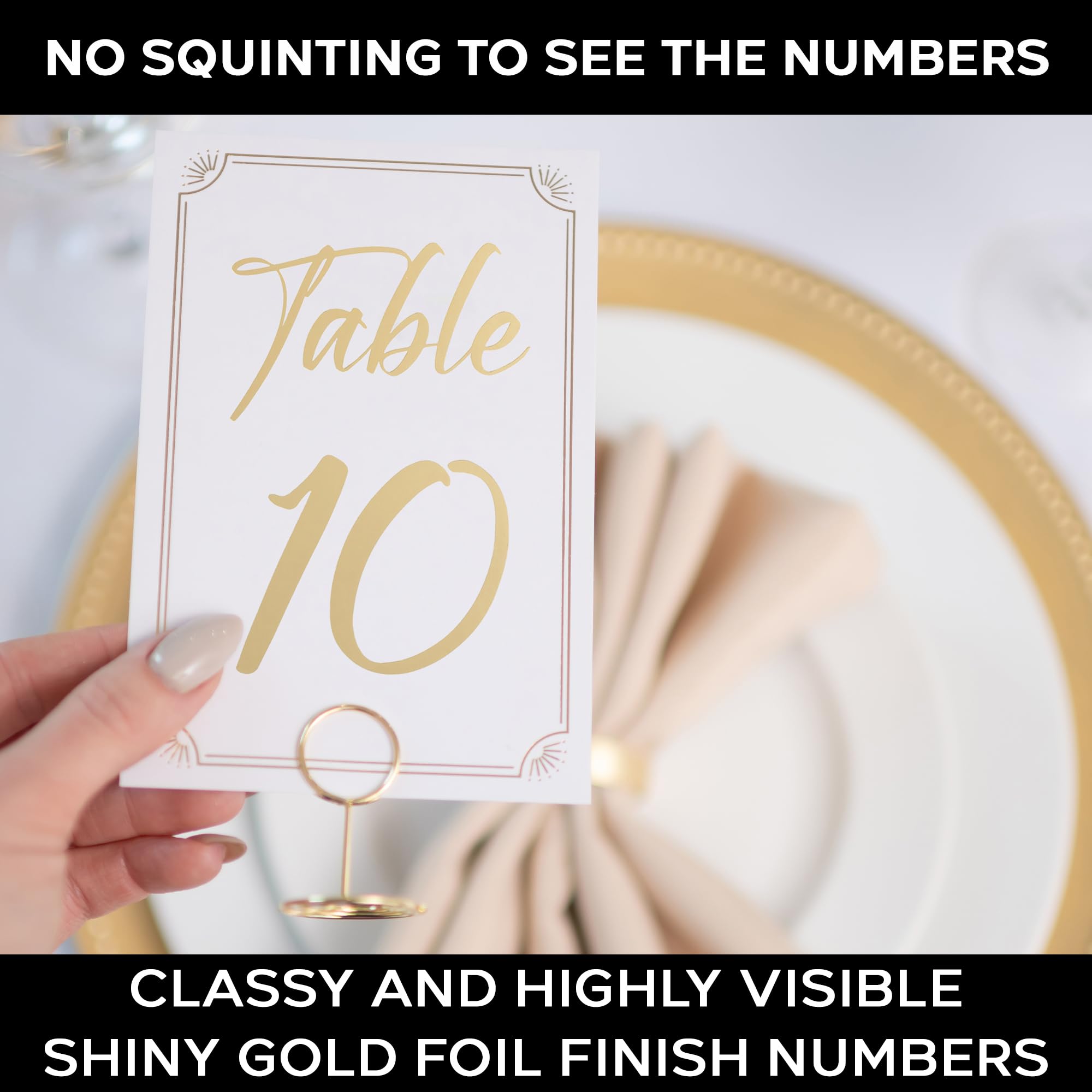 Gold Table Numbers 1-30 with Head Table Card & Table Number Holders - Elegant 4 x 6 Inch Place Seating Sign with Highly Visible Numbers for Wedding Reception, Restaurant, Anniversary, Birthday Party