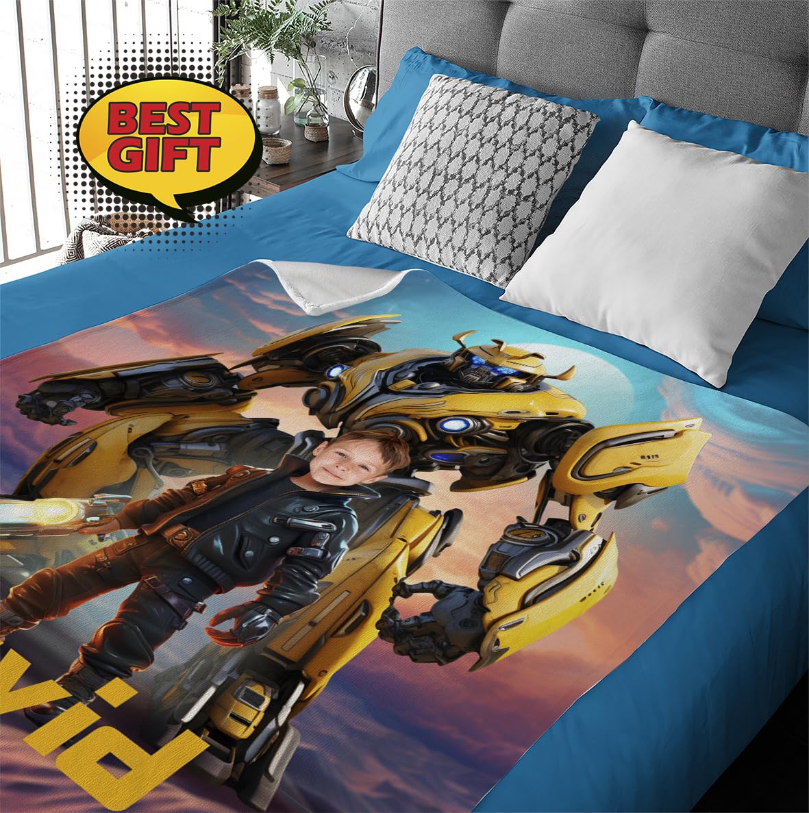 Customized Blanket with Pictures, Robot Themed Gifts for Boys Teen, Kids Custom Made Blankets 30 x 40, Guy Gift Ideas for Birthday Christmas Graduation, Gift for Son Nephew Grandkid Brother KC60