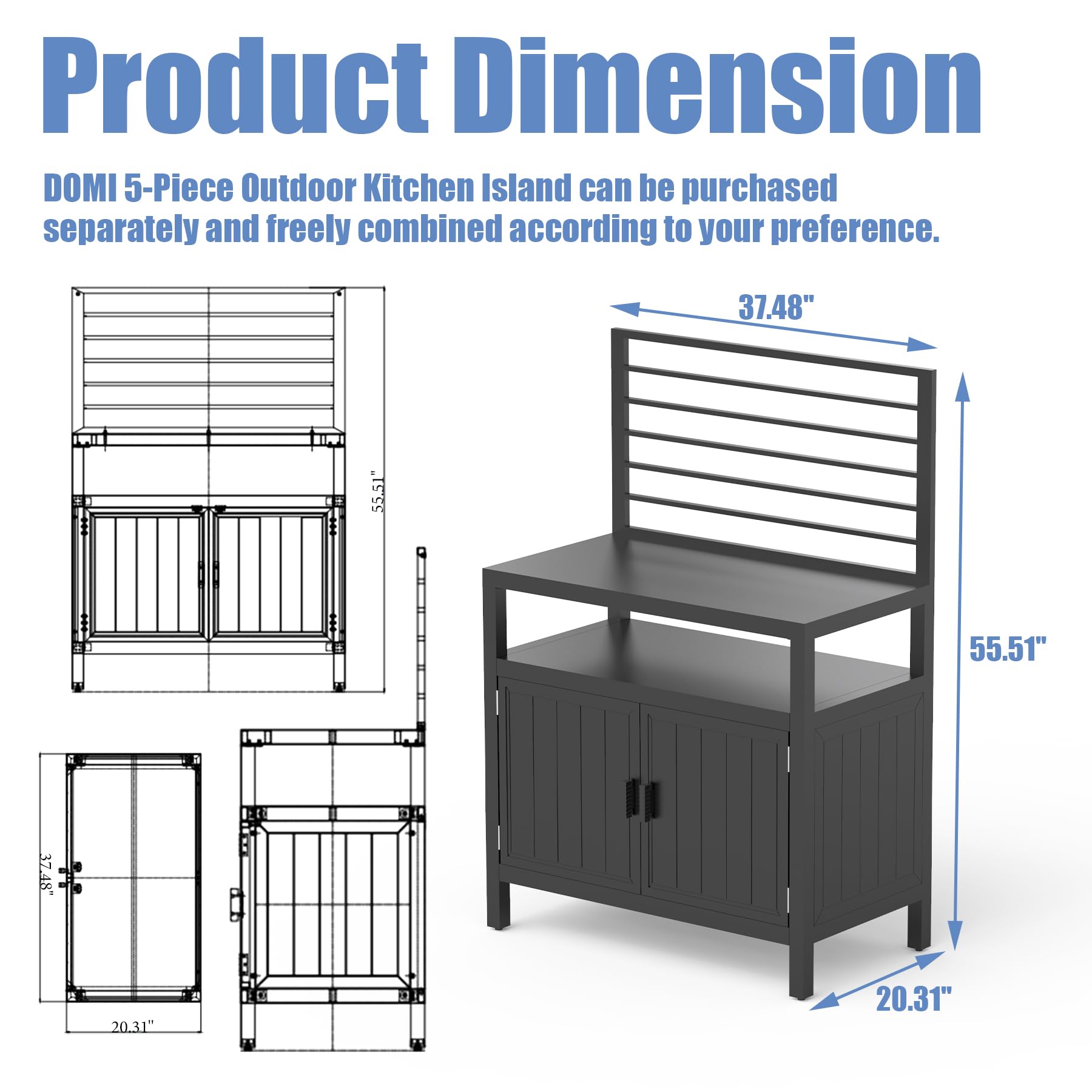 Domi Outdoor Kitchen Island with Storage, Aluminum Kitchen Storage Island with Wall Hanging, Freestanding Grill Storage Cabinet with Protective Cover for BBQ, Deck, Patio, Backyard