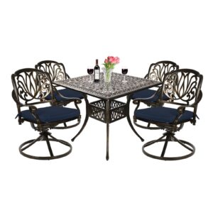 vivijason 5-piece outdoor patio dining set, all-weather cast aluminum conversation set, patio furniture set, include 4 swivel dining chairs, a 35.4" square table w/umbrella hole, navy blue cushion