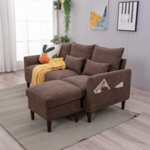 panana 3 seater with footstool chaise small l-shaped corner sofa couch armchair furniture for living room office (brown linen, 3 seater + ottoman)