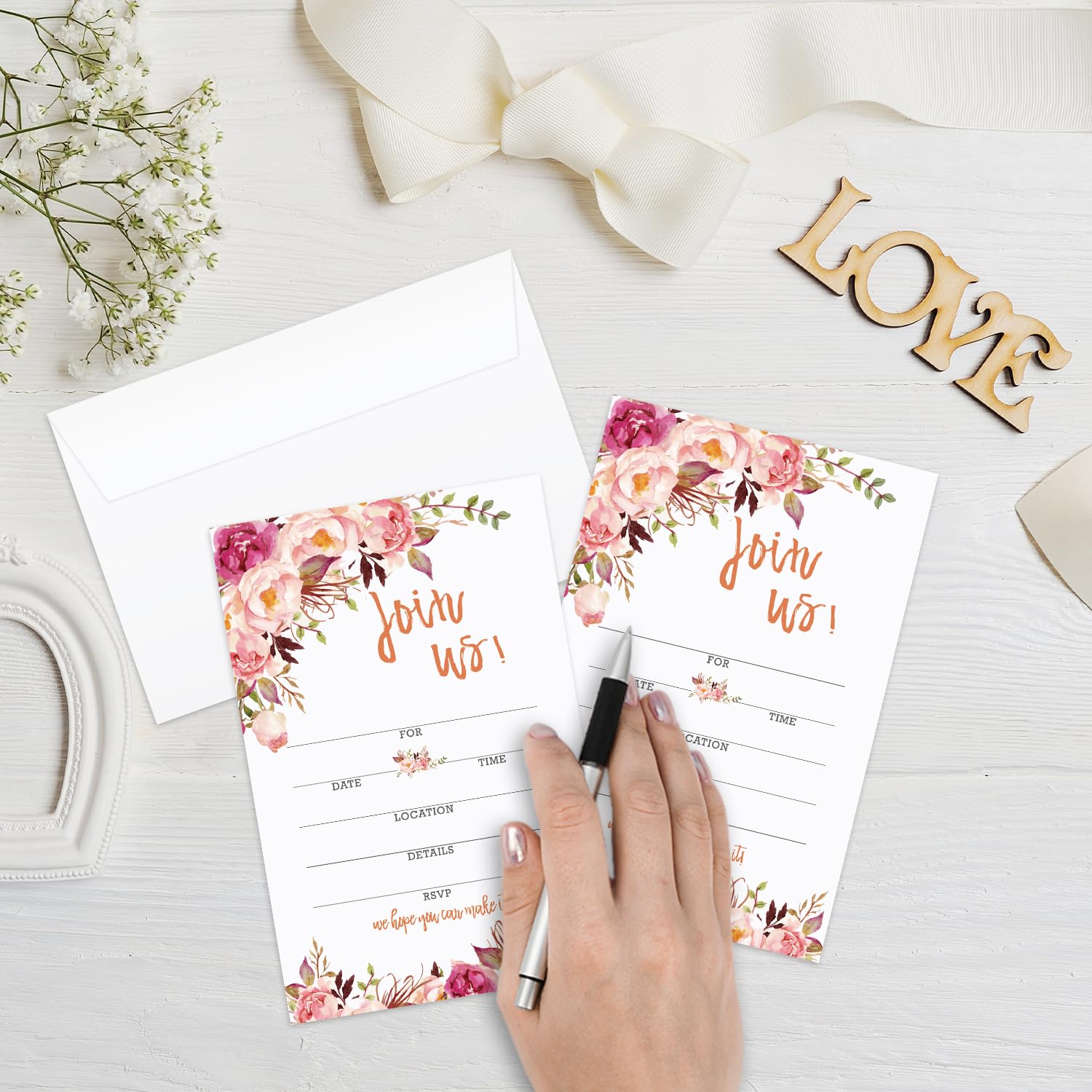 YUEXLL Set of 25 Floral Invitations with 25 White Envelopes, Join Us Fill-in Invites Cards Fit All Occasion for Birthday, Engagement, Wedding, Bridal Shower, Anniversary Party - 03