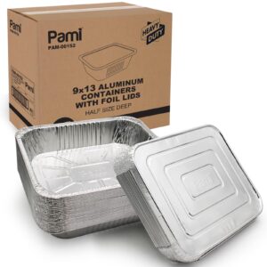 pami aluminum food containers with lids half size, deep [pack of 25] - 9”x13” oven & freezer safe tin food trays- aluminum baking pans with lids for grill, roast, bbq- to go foil takeout containers