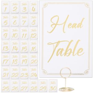 gold table numbers 1-30 with head table card & table number holders - elegant 4 x 6 inch place seating sign with highly visible numbers for wedding reception, restaurant, anniversary, birthday party