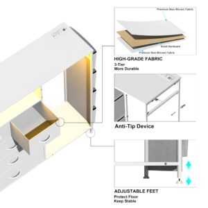 Espelism Dresser for Bedroom with Clothes Rack Side Pockets White 5 Drawers Dresser with Charging Station LED Lights Sturdy Steel Frame Wood Top Organizer Unit for Nursery Hallway Closet