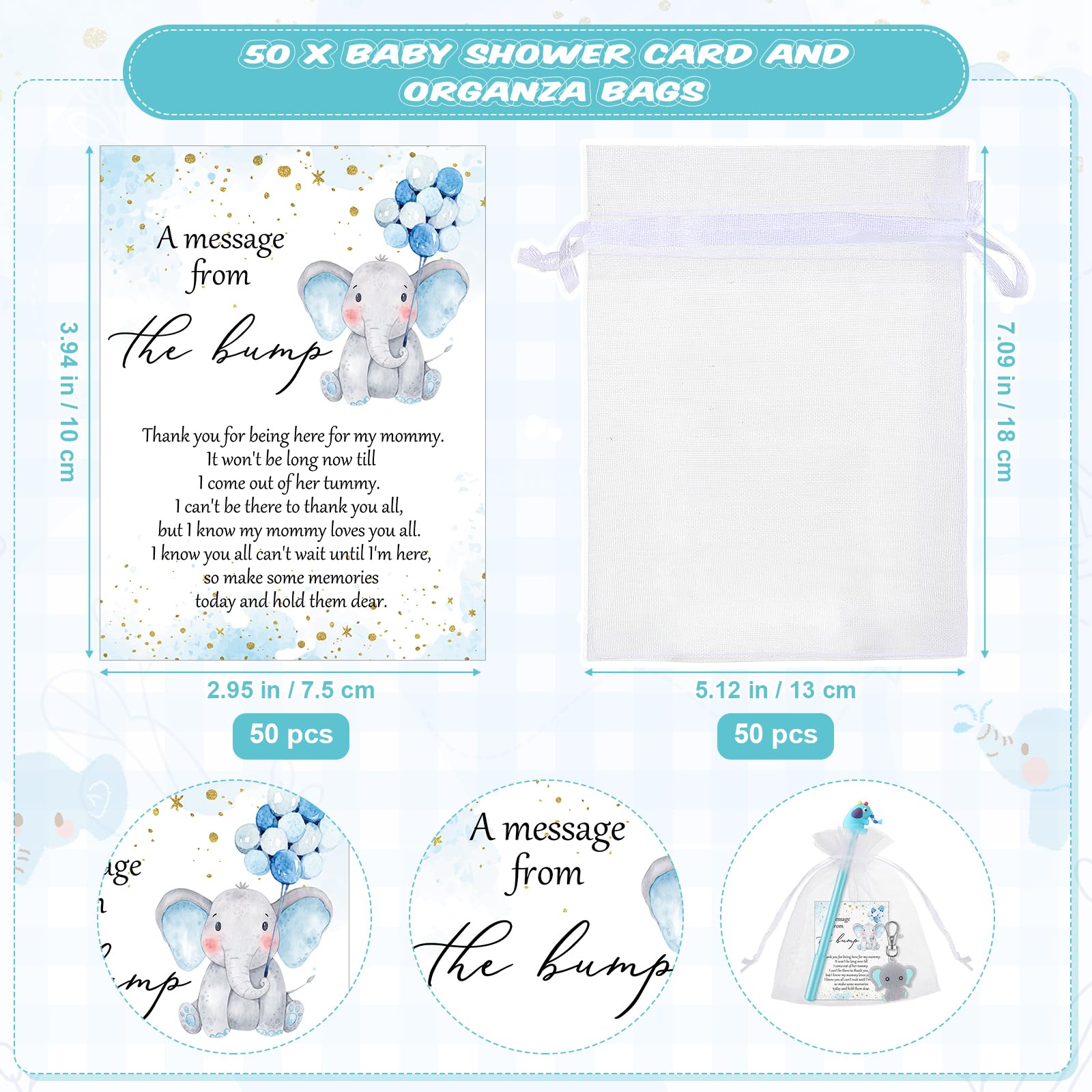 Engrowtic 50 Sets Baby Shower Favors for Boys 50 Elephant Keychain for Baby Shower 50 Baby Shower Thank You Cards 50 Elephant Pens and Organza Bags Baby Boy Thank You Gift for Guest Gender Reveal